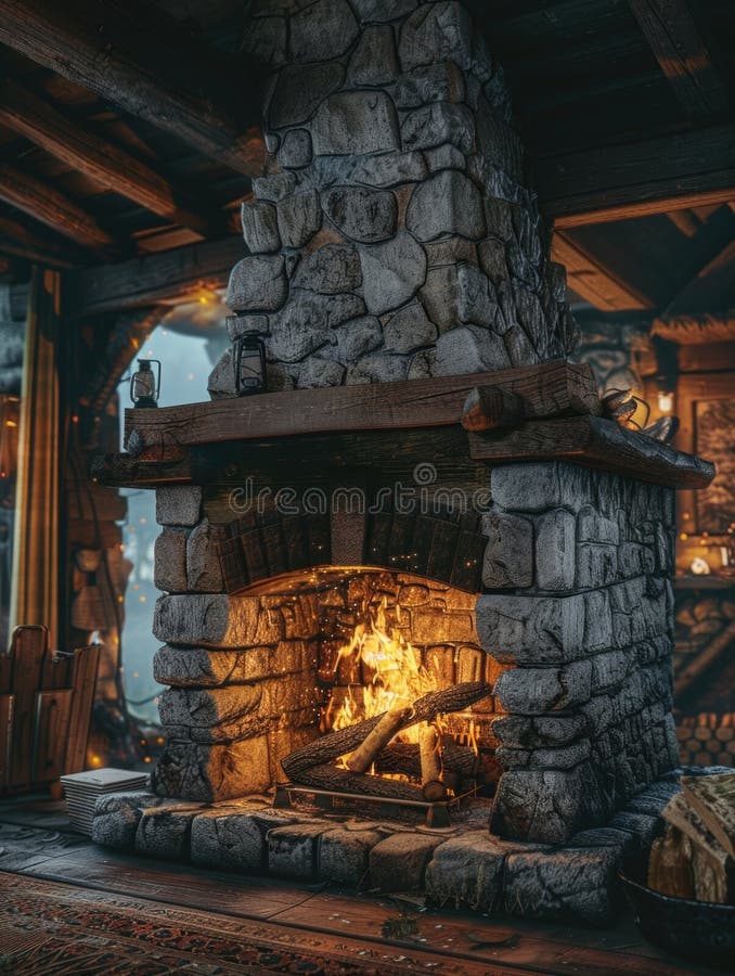 Rustic Log Cabin Fireplace stock photo. Image of inviting - 377994782
