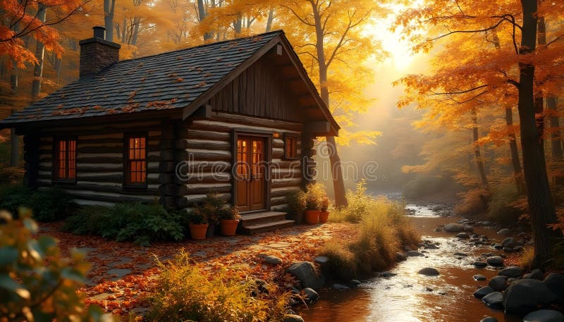 A Rustic Log Cabin with Flower Pots, Surrounded by Autumn Foliage, a ...