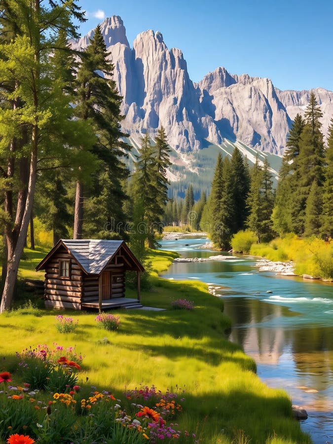 A Rustic Log Cabin by a Flowing River, Surrounded by Tall Pine Trees ...