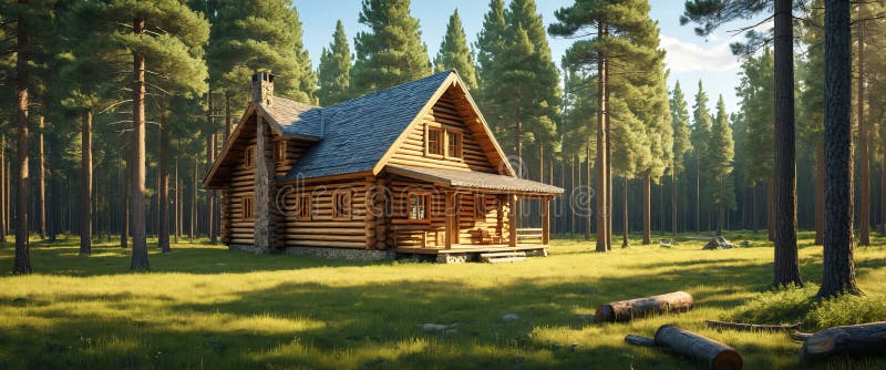 Rustic Log Cabin in Forest Clearing with Sunlit Pine Trees Stock Image ...