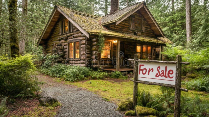 Rustic Log Cabin in a Forest for Sale Stock Illustration - Illustration ...