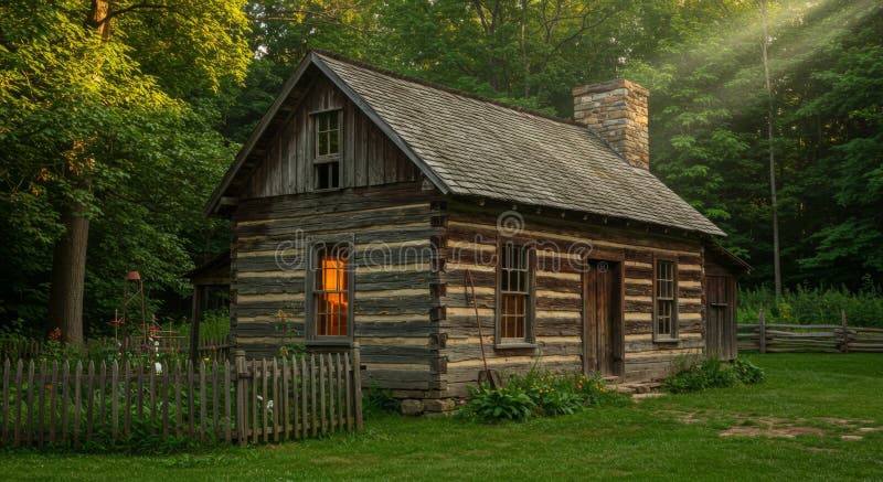 Rustic Log Cabin in a Forest at Sunset Stock Illustration ...