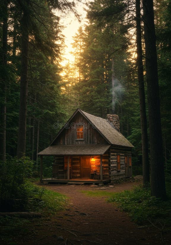 Rustic Log Cabin in a Forest at Sunset Stock Image - Image of evening ...