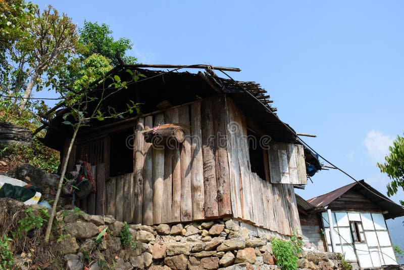 A Rustic Log Cabin , Green Tree with Blue Sky Stock Photo - Image of ...
