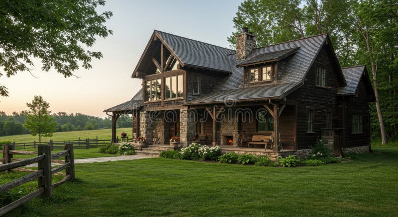 Rustic Log Cabin Home in Green Meadow at Sunset Stock Illustration ...