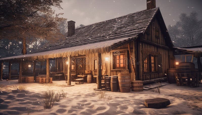 Rustic Log Cabin Illuminated by Lantern in Snowy Winter Night Generated ...