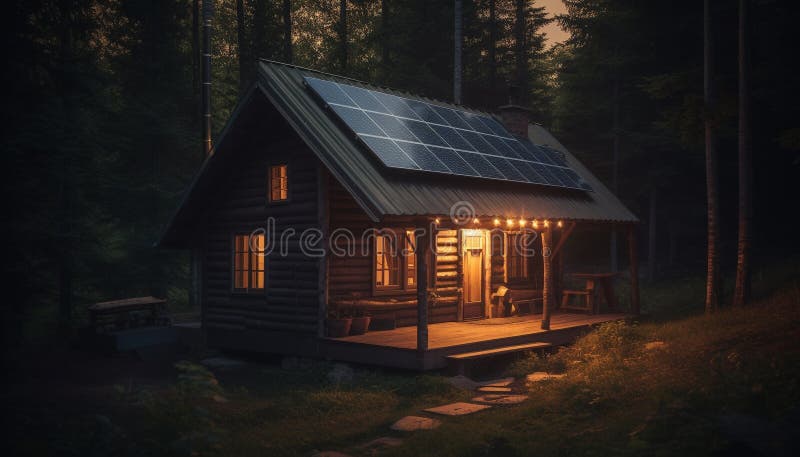 Rustic Log Cabin Illuminated by Sunlight with Solar Panel Technology ...