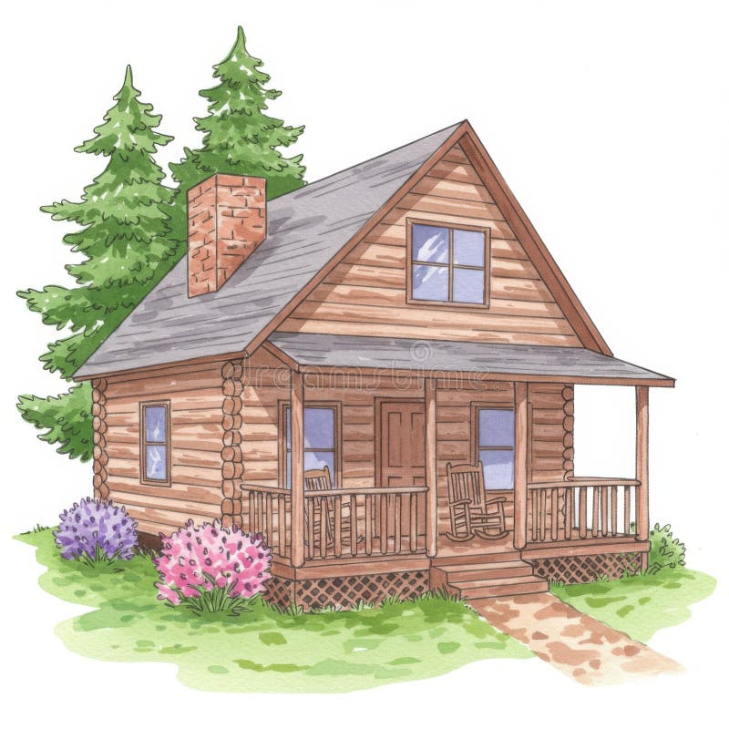 Rustic Log Cabin Illustration with Porch and Greenery Stock ...