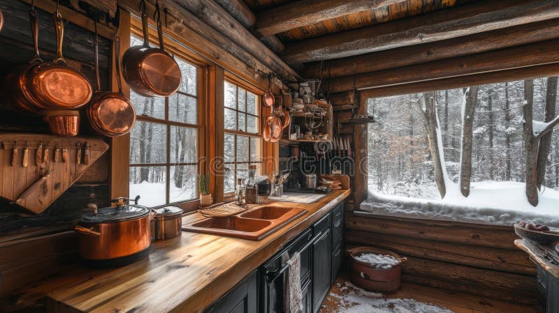 Rustic Log Cabin Kitchen with Copper Pots and Snowy View Stock ...