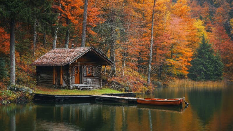 Rustic Log Cabin by the Lake in Autumnal Forest Stock Illustration ...