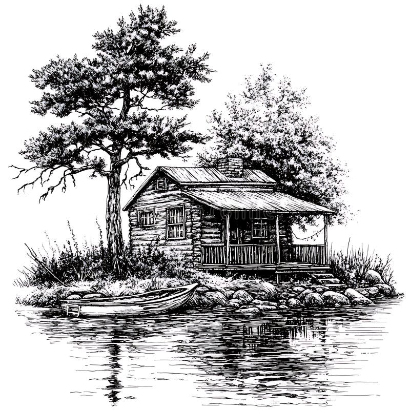 Rustic Log Cabin by Lake, Trees, Boat Stock Illustration - Illustration ...