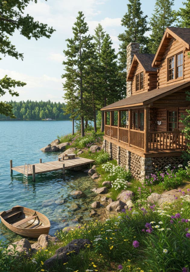 Rustic Log Cabin Lakeside Summer Vacation Home Stock Illustration ...