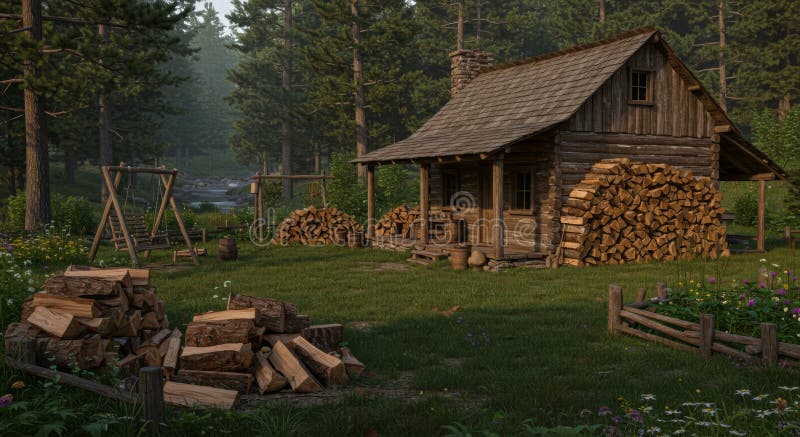 Rustic Log Cabin in a Lush Green Forest Stock Image - Image of firewood ...
