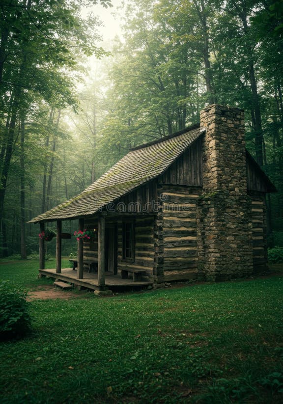 Rustic Log Cabin in a Misty Forest Stock Image - Image of serene ...