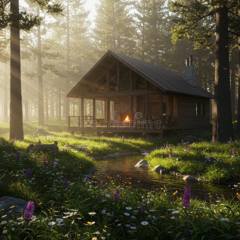 Rustic Log Cabin in Misty Sunrise Forest Stock Illustration ...
