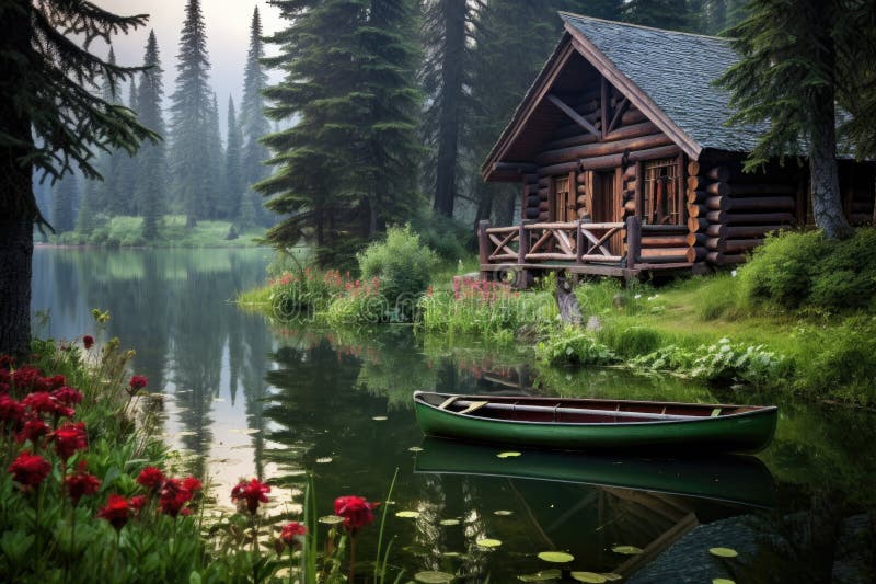 A Rustic Log Cabin Near a Tranquil Lake with a Canoe Parked Outside ...
