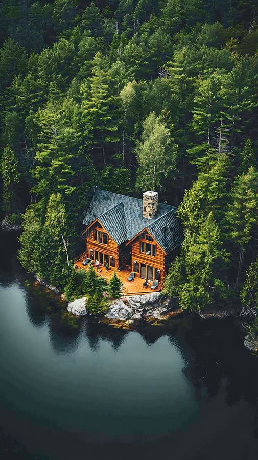 A Rustic Log Cabin Nestled Amidst Green Evergreen Forest Trees Stock ...