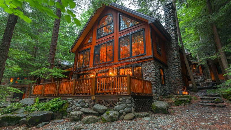 Rustic Log Cabin Nestled in Lush Forest at Night Stock Image - Image of ...
