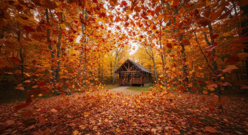 Rustic Log Cabin Nestled in Vibrant Autumn Forest Stock Illustration ...