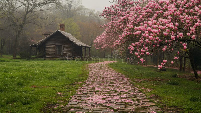 Rustic Log Cabin Path Spring Blossoms Stock Illustration - Illustration ...