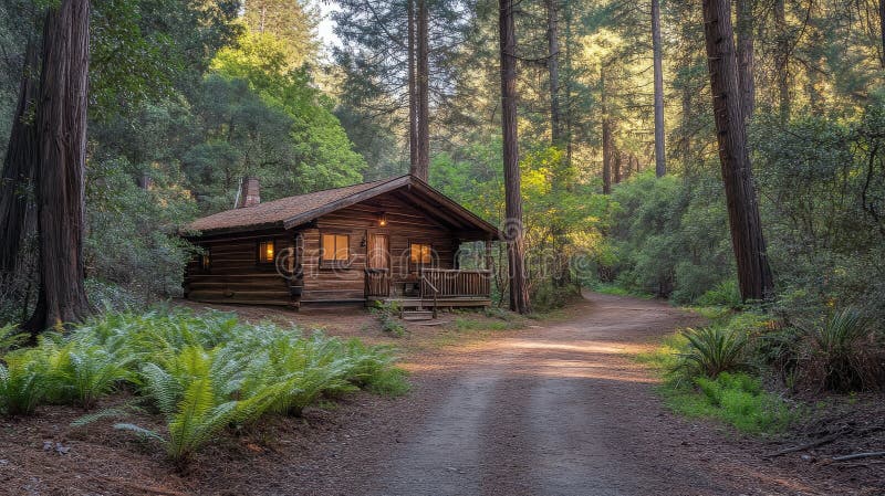 Rustic Log Cabin in a Peaceful Forest Setting Surrounded by Tall Trees ...