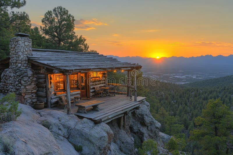 Rustic Log Cabin Perched on a Mountain Cliff at Sunset Stock ...