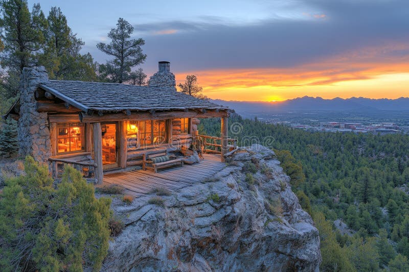 Rustic Log Cabin Perched on a Mountain Cliff at Sunset Stock ...