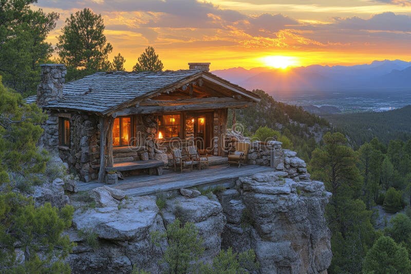 Rustic Log Cabin Perched on a Mountain Cliff at Sunset Stock ...