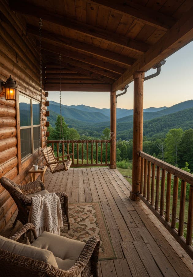 Rustic Log Cabin Porch with Mountain Sunset View Stock Illustration ...