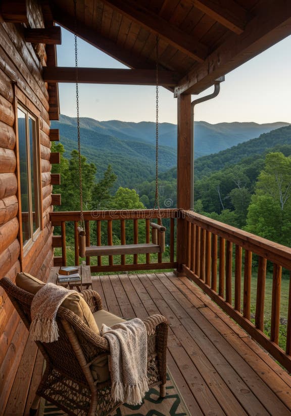 Rustic Log Cabin Porch with Mountain View Stock Illustration ...