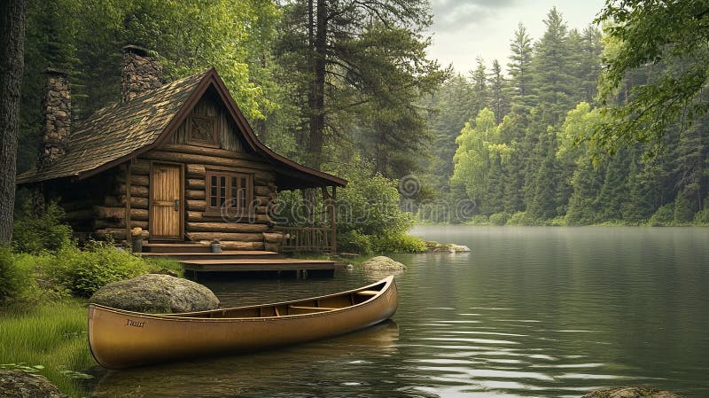 A Rustic Log Cabin by a Quiet River with a Canoe Tied To the Dock ...