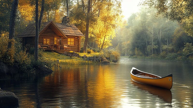 A Rustic Log Cabin by a Quiet River with a Canoe Tied To the Dock ...