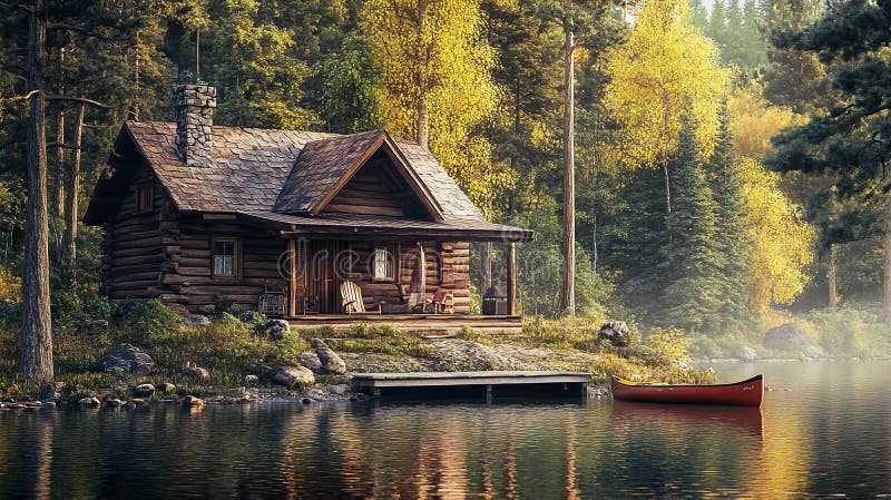 A Rustic Log Cabin by a Quiet River with a Canoe Tied To the Dock ...