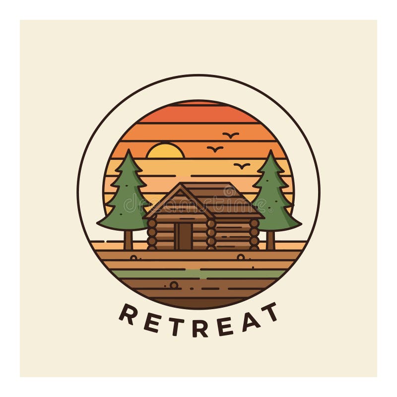 Rustic Log Cabin Retreat Logo Design with Sunset and Pine Trees Vector ...