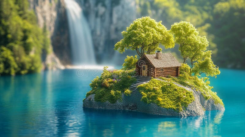 Rustic Log Cabin on Secluded Island Near Waterfall Stock Illustration ...