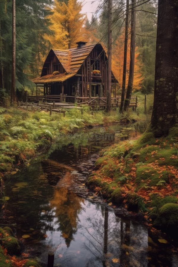Rustic Log Cabin in a Serene Forest Setting Stock Illustration ...