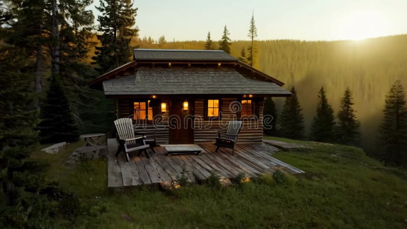 A Rustic Log Cabin with a Small Patio Overlooking a Peaceful Forest ...