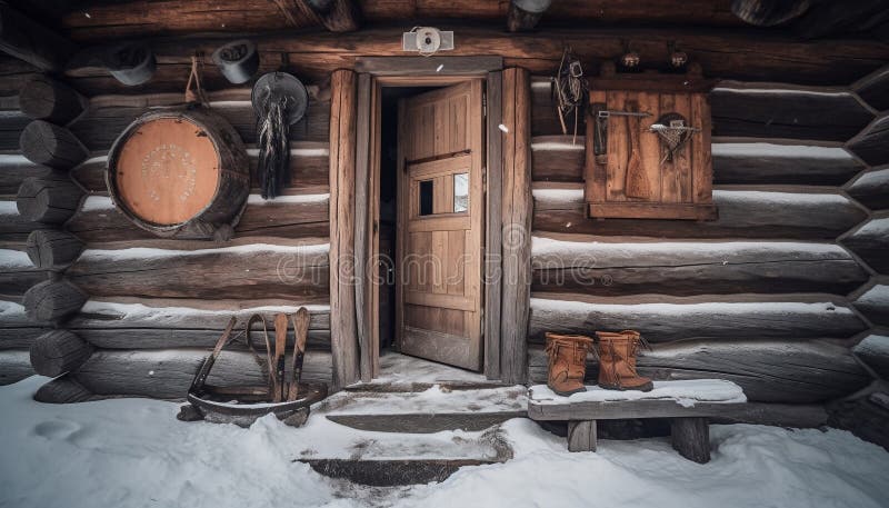 Rustic Log Cabin in Snowy Forest with Firewood Stack Indoors Generated ... Rustic Log Cabin in Snowy Forest with Firewood Stack Indoors Generated ...