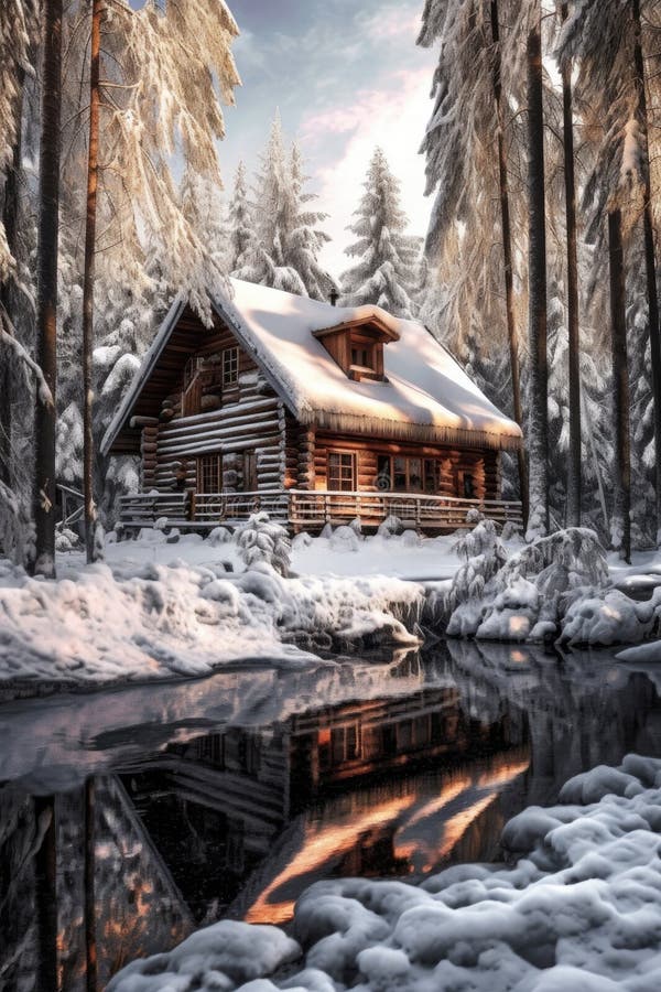 Rustic Log Cabin in a Snowy Forest Landscape Stock Illustration ...