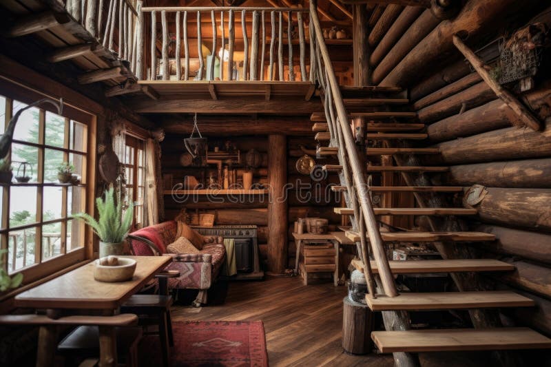 Rustic Log Cabin Staircase with a Cozy Atmosphere Stock Illustration ...