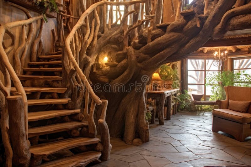 Rustic Log Cabin Staircase with Natural Branches Stock Illustration ...