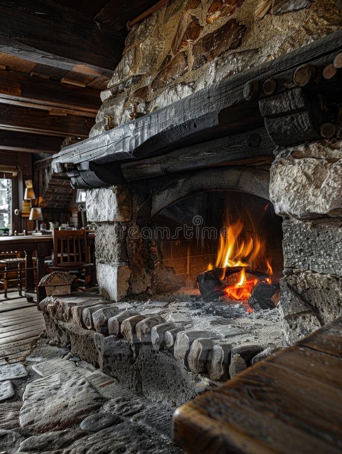Rustic Log Cabin Stone Fireplace Stock Image - Image of stone, cozy ...