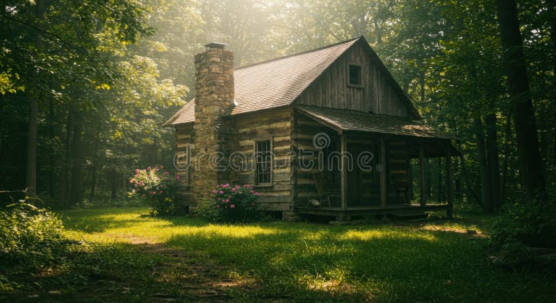 Rustic Log Cabin in a Sunlit Forest Stock Illustration - Illustration ...
