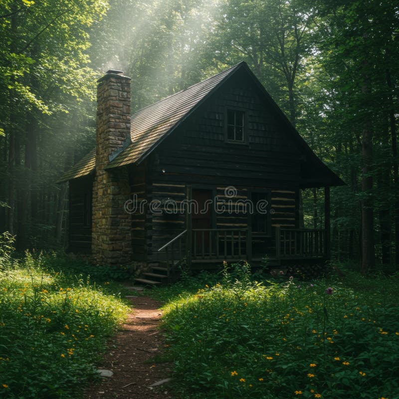 Rustic Log Cabin in a Sunlit Forest Stock Illustration - Illustration ...