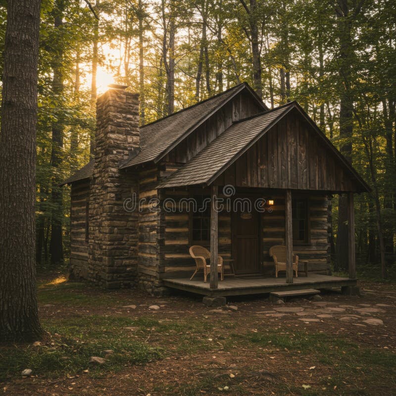 Rustic Log Cabin in a Sunlit Forest Stock Illustration - Illustration ...