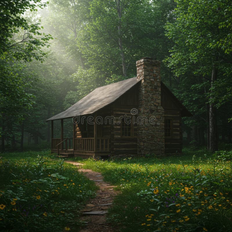 Rustic Log Cabin in a Sunlit Forest Meadow Stock Illustration ...