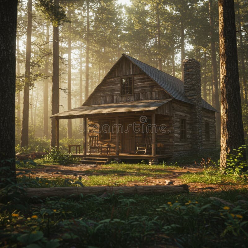 Rustic Log Cabin in a Sunlit Forest Stock Image - Image of morning ...