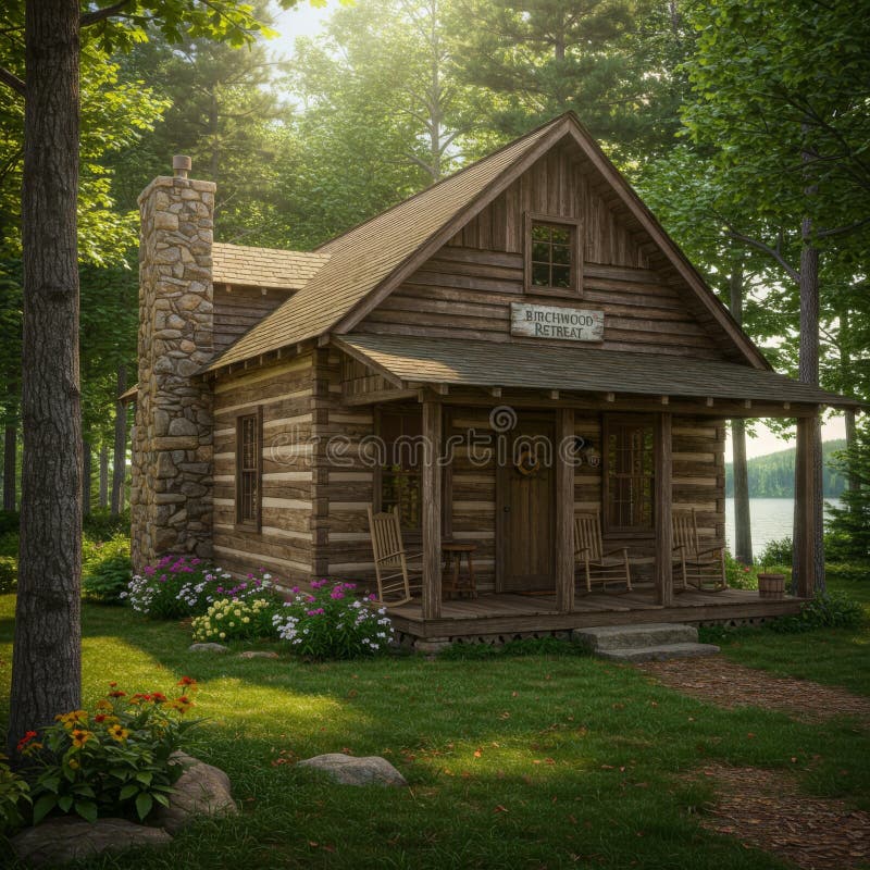 Rustic Log Cabin in a Sunny Forest by a Lake Stock Image - Image of ...