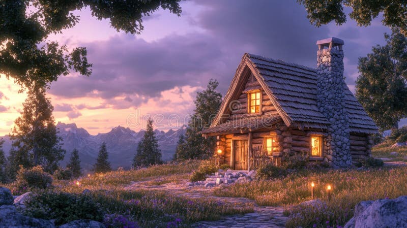 Rustic Log Cabin at Sunset in the Mountains Stock Illustration ...