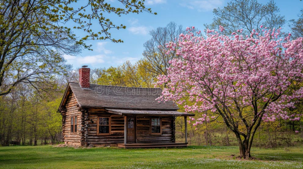 Rustic Log Cabin Surrounded by Lush Greenery and Blooming Pink Tree in ...
